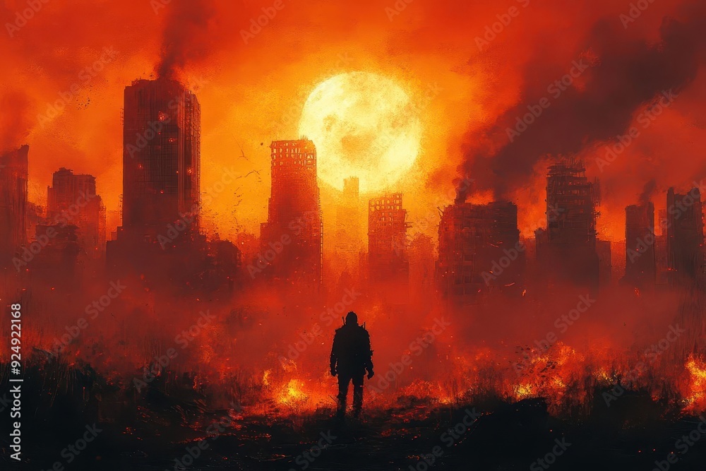 apocalyptic urban landscape engulfed in flames silhouette of lone ...