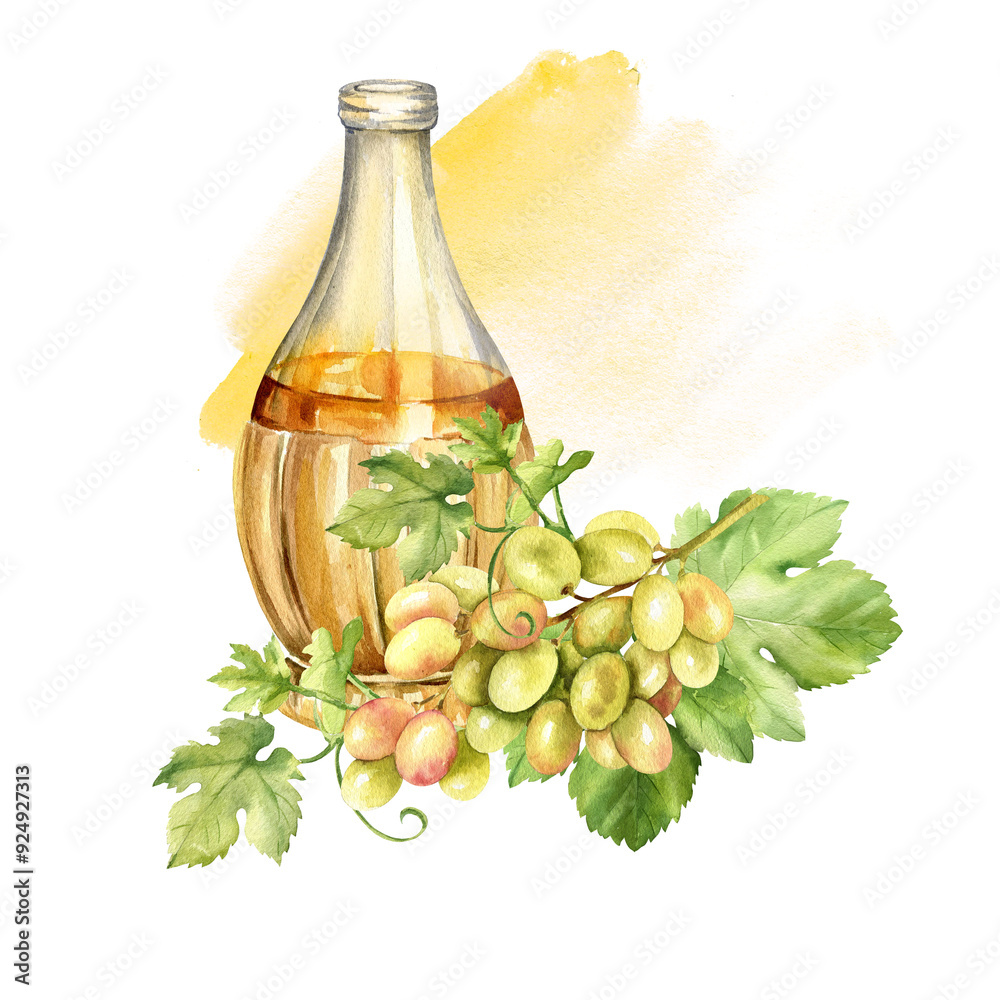 watercolor bottle of homemade white wine braided with straw, white and ...