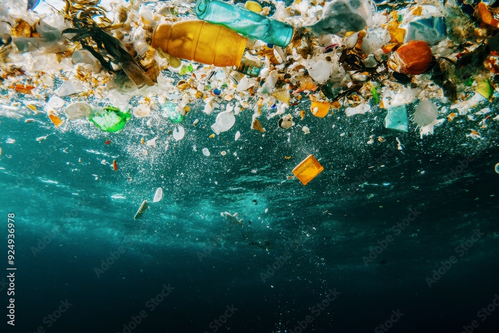 underwater view of plastic pollution and microplastics threatening ...