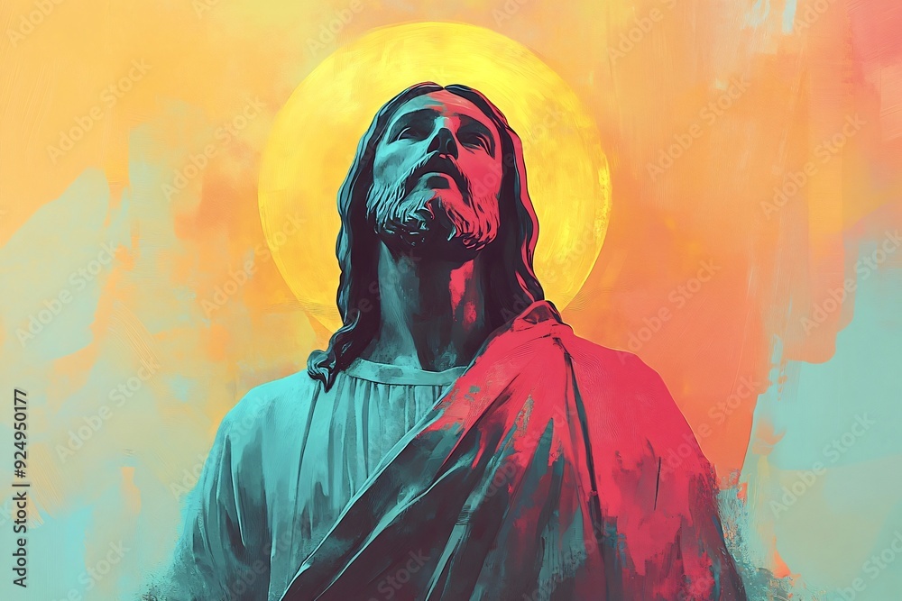 Colorful illustration of jesus christ statue looking up with yellow sun ...