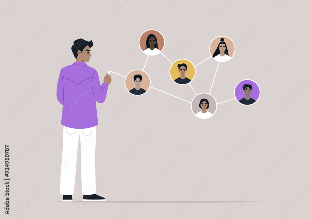 A person stands, engaging with virtual connections among a group of ...