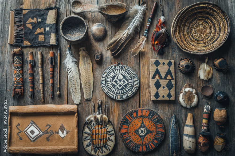 Variety of intricately crafted objects arranged on a weathered wooden ...