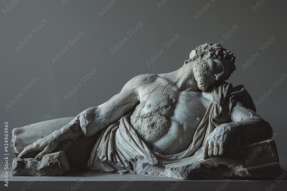 Damaged ancient greek style statue of a muscular male figure resting ...
