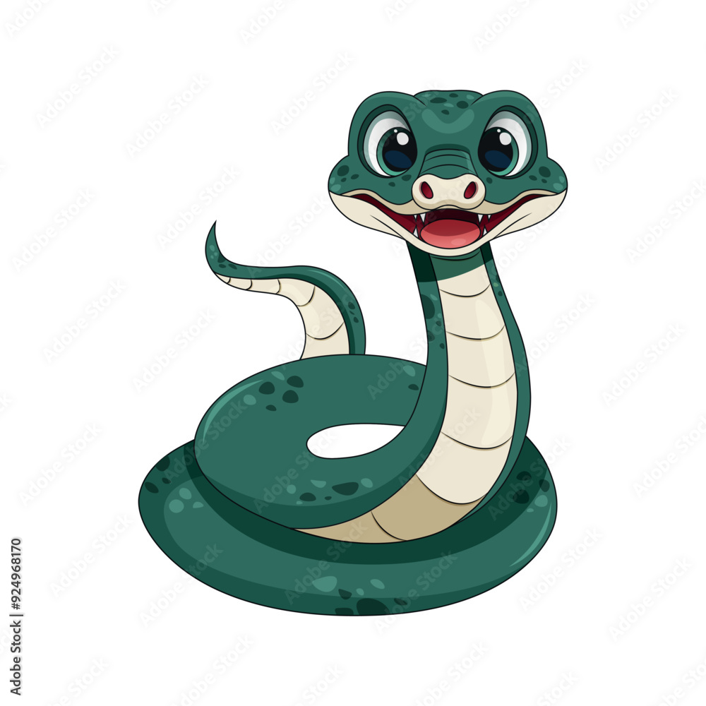 Cute smiling cartoon green snake white isolated background. New year of ...
