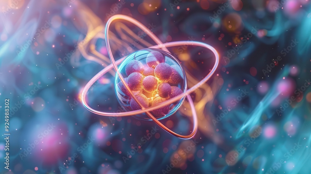 Nucleus of an atom, energy waves, top view, energy at the core, robotic ...