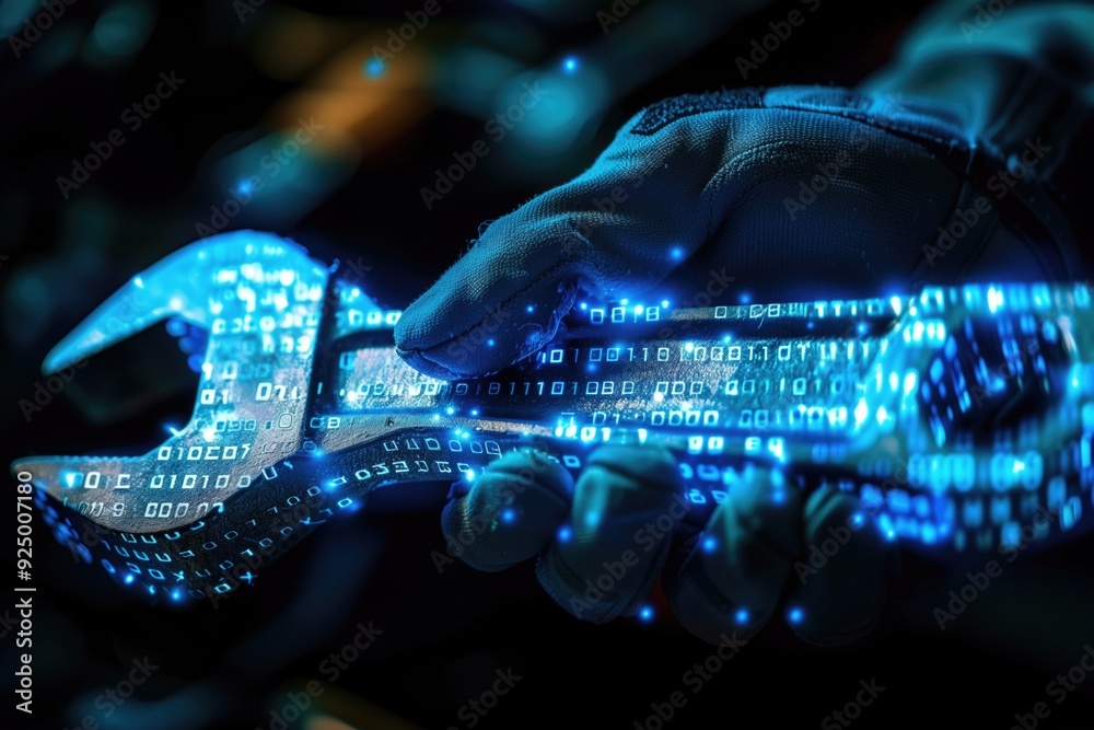 Gloved hand holding a wrench with digital binary code overlay in a dark background. Concepts of ...