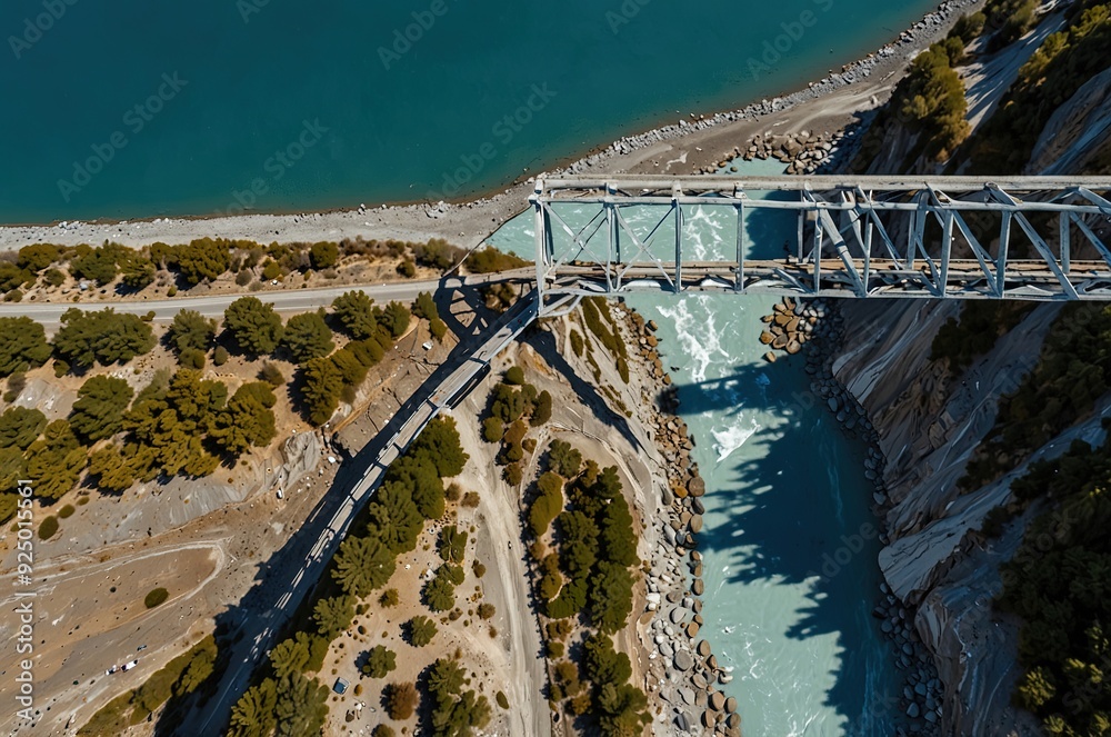 Aerial view the blue water of Rakaia river flowing through the gorge ...