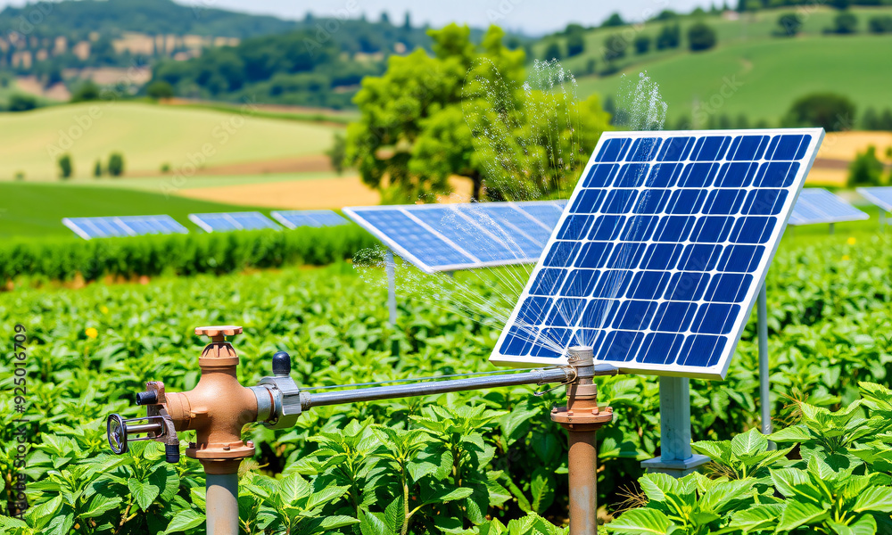 green farm with solar panels installed to generate clean energy ...