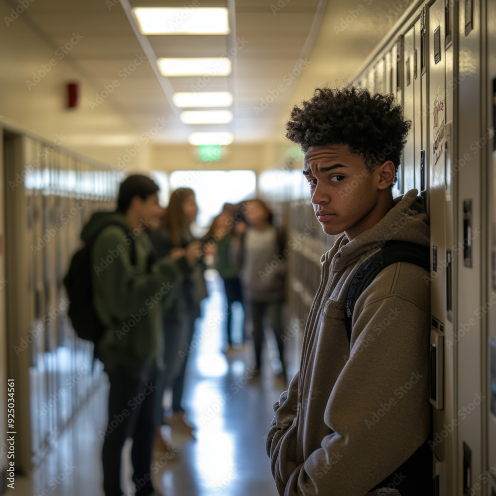 Sad and lonely teenage student leaning against lockers in a school ...