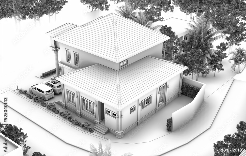 3D rendering modern contemporary two - storey house design white tone ...