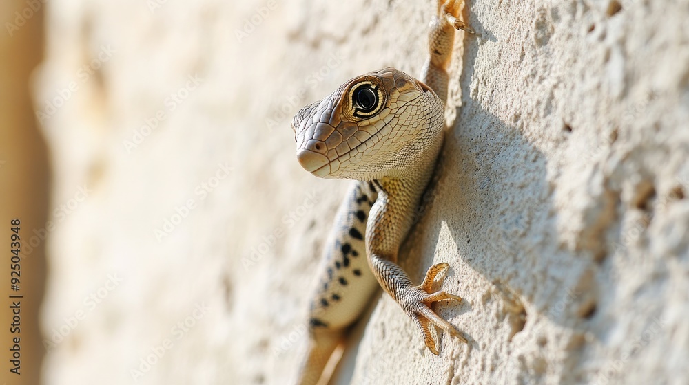 A lizard scaling a vertical surface, its toes gripping the wall with ...