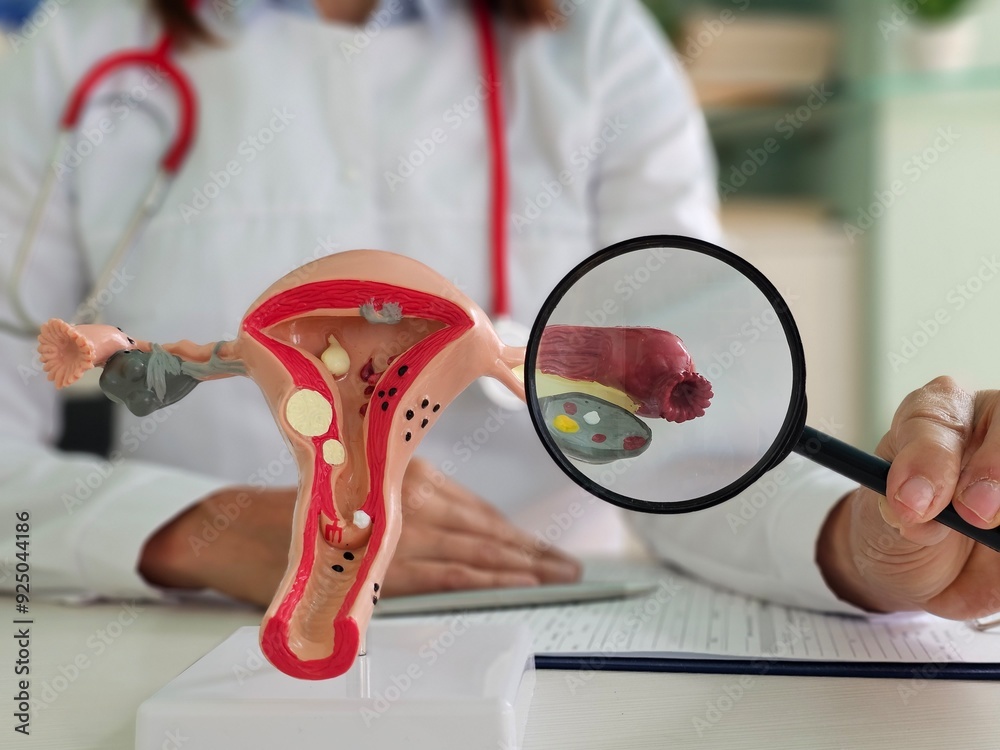 Gynecologist doctor examines anatomical model of female reproductive ...