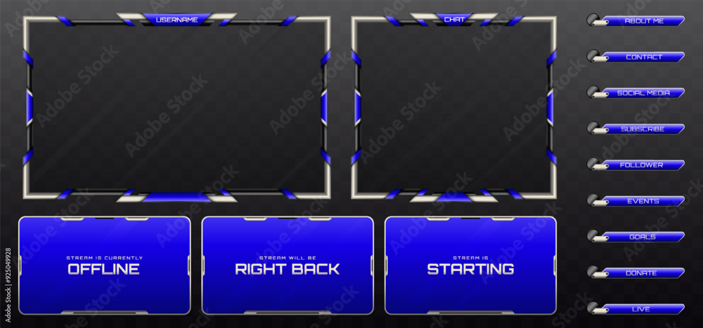 Stream Overlay Webcam Screen Frame and Stream Alert GUI Panels in Blue ...