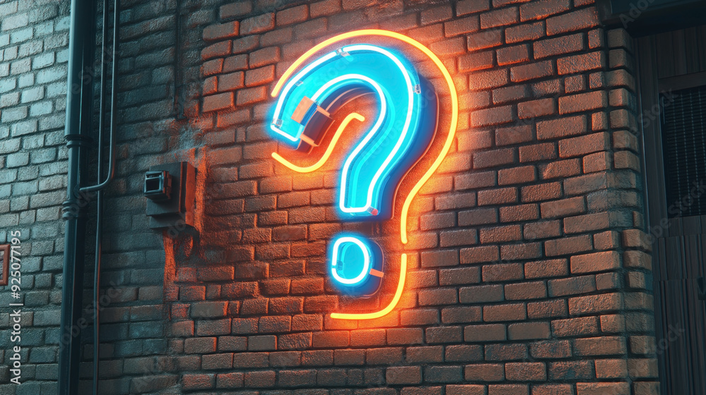 Neon question mark sign on a brick wall with visible piping, creating ...