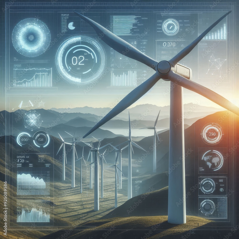 Modern wind turbine with a detailed energy data analytics dashboard in ...