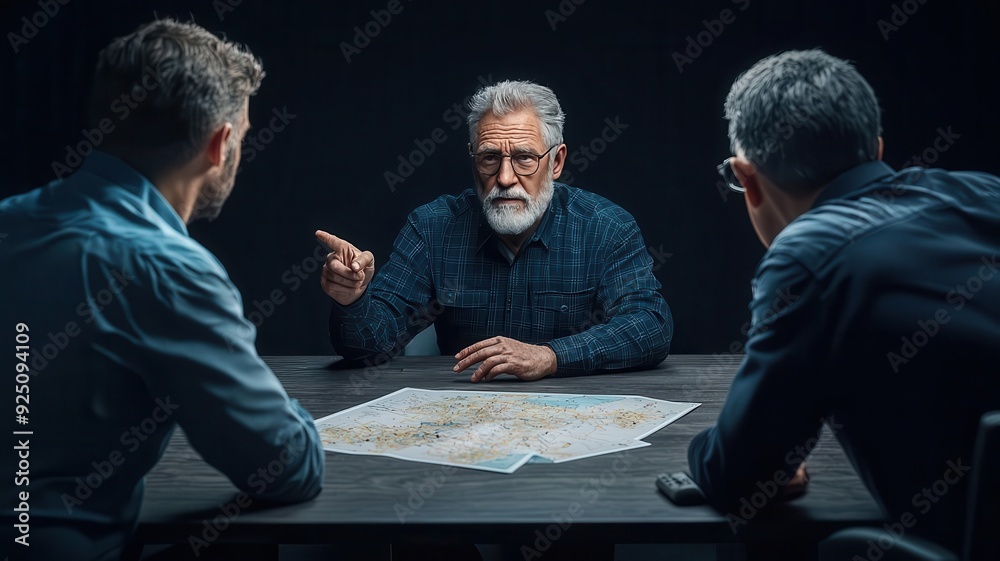 A gritty interrogation scene with a suspect sitting across from two ...