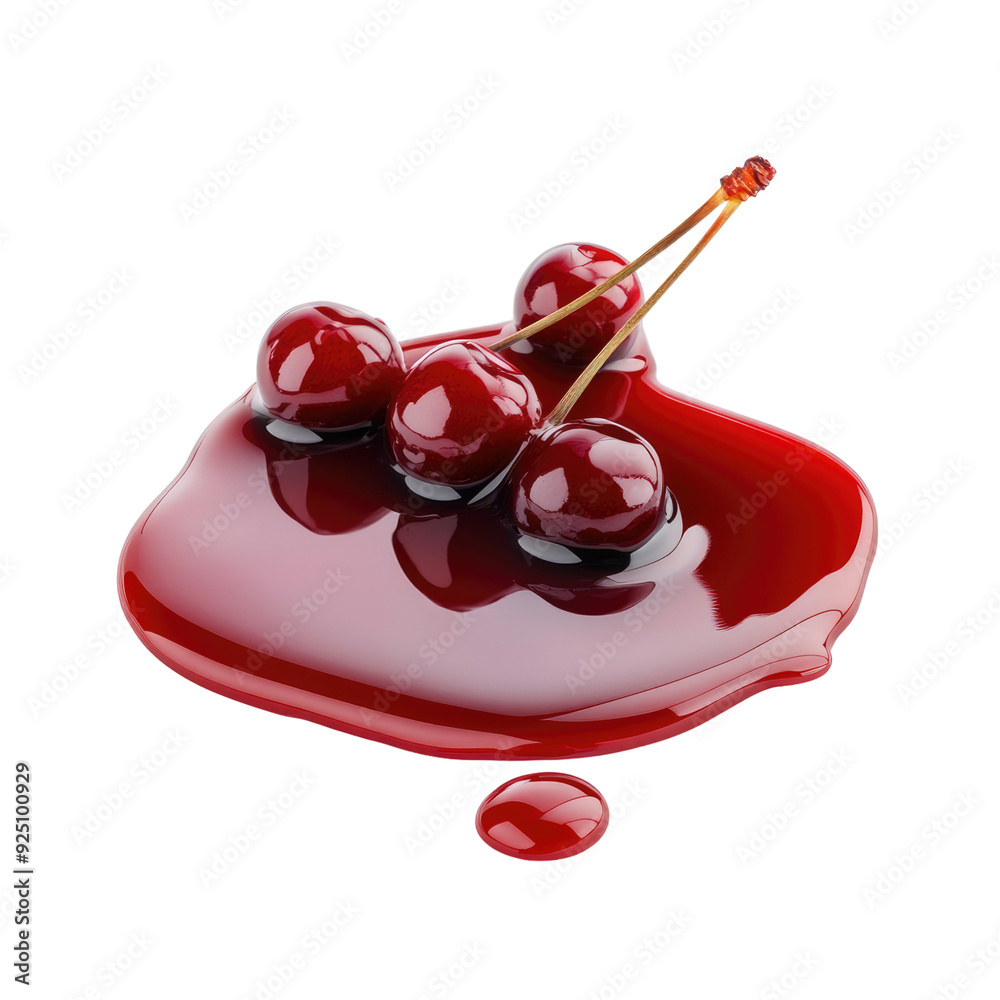 Puddle of sour cherry juice on alpha, transparent isolated on white ...