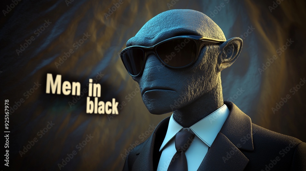 A 3D cartoon alien in a trench coat and sunglasses, acting secretive ...