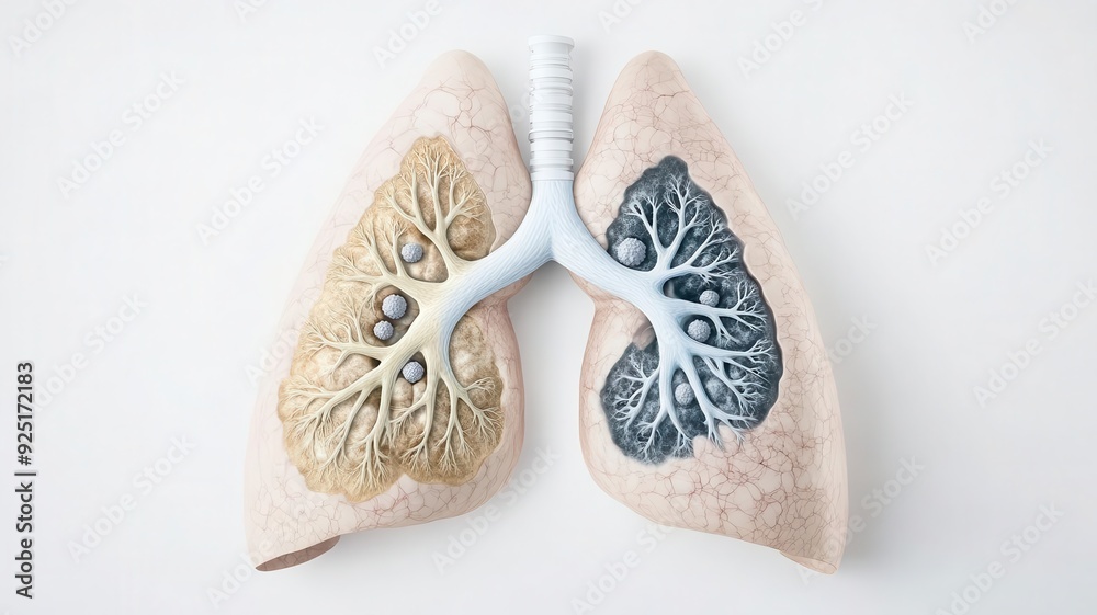 Visual comparison of healthy lung vs cancerous lung, one side clear ...