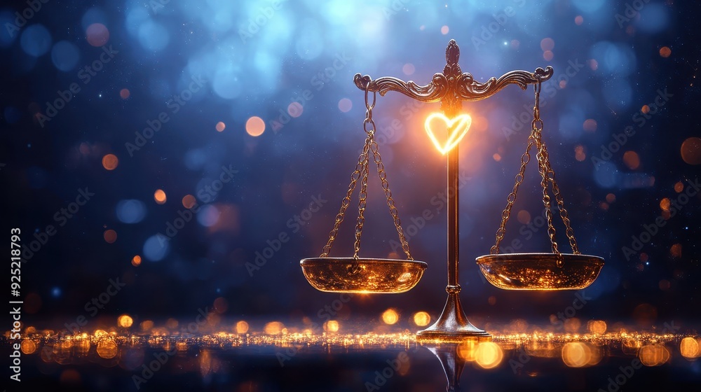 Justice scales with a glowing equal sign, suspended in the air, with a ...