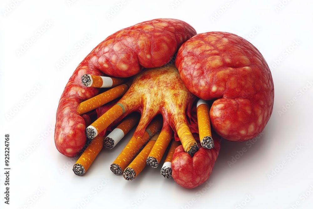 Rotten human appendix with cigarettes sticking out, placed against a ...