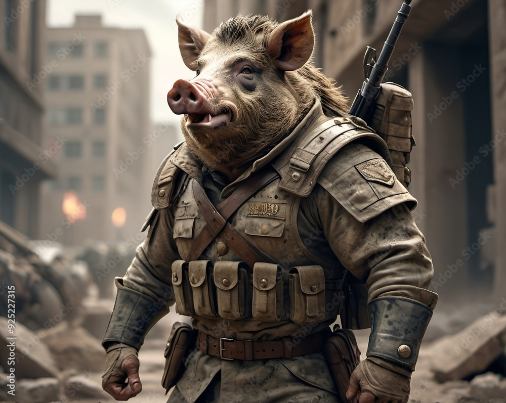 Dressed in a soldier's uniform, adult boar / pig is fighting in a war ...