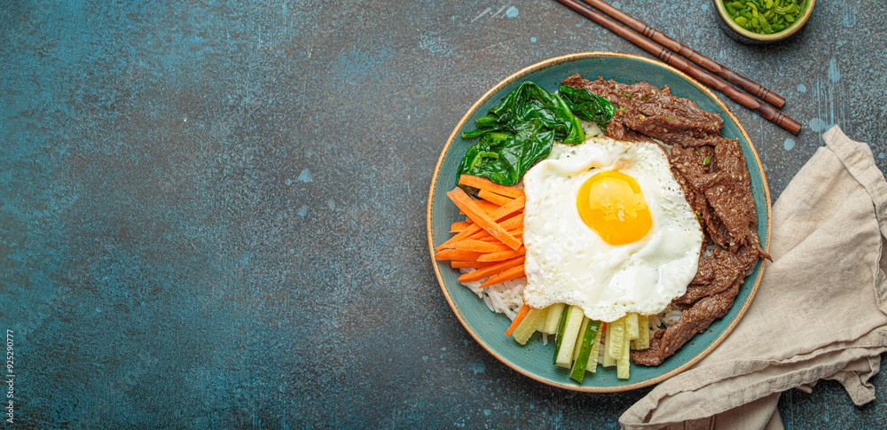 Plate of bibimbap, a mixed rice dish with meat and assorted vegetables ...