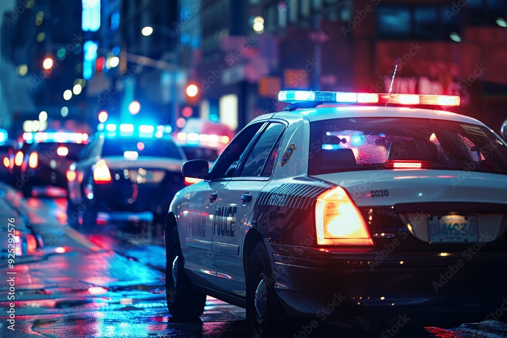 A police car is parked on the side of the road, likely attending to an ...