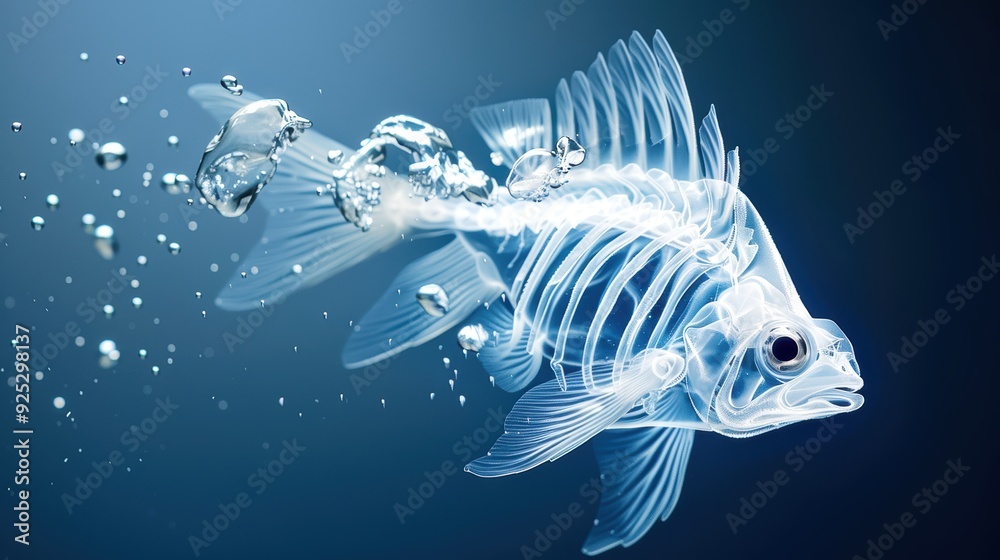 X-ray image of a fish skeleton swimming underwater with bubbles ...