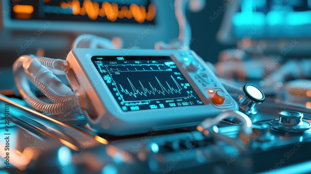 Close-up of a modern medical monitor displaying vital signs in a high ...