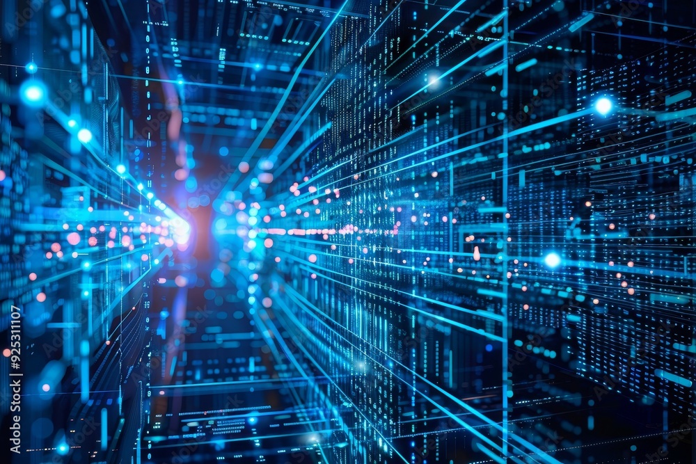 Blue abstract background featuring intersecting lines and dotted patterns, creating a modern and ...