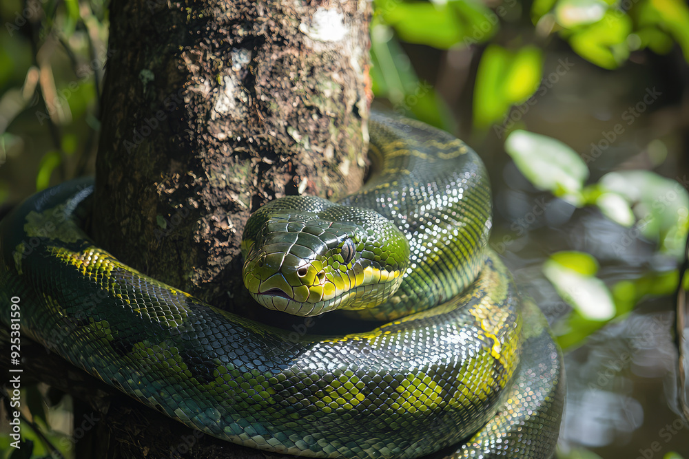 A majestic green anaconda coils around a tree, embodying the vibrant ...