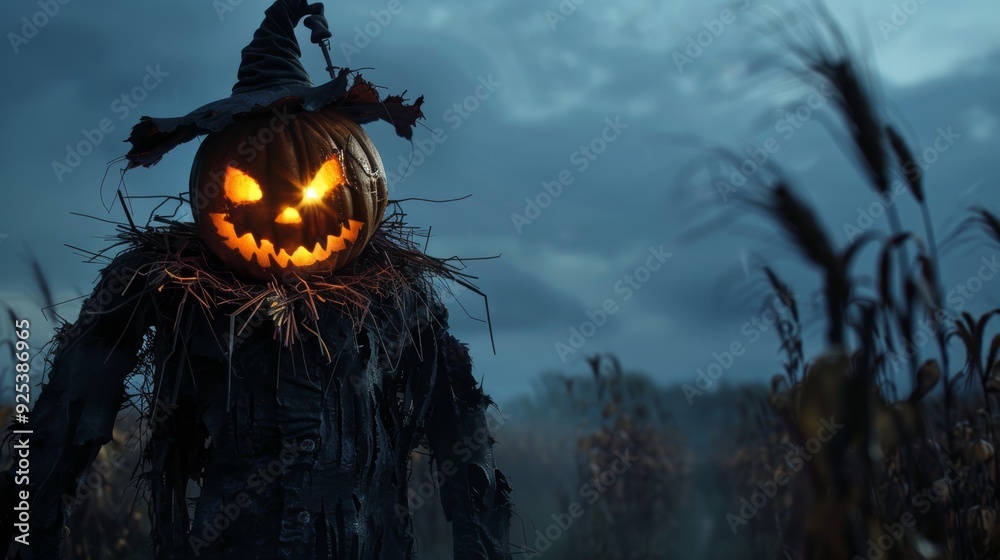 Halloween Scarecrow with Jack O' Lantern Head in Spooky Field of Dead ...