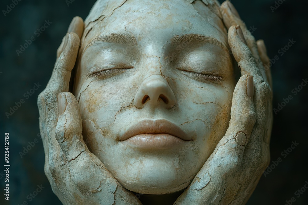 surreal portrait of hands cradling a detached smiling face symbolizing ...