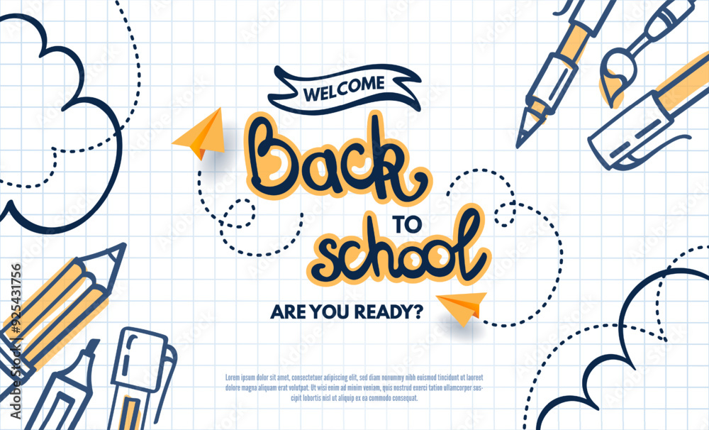 Welcome back to school web banner. Doodle creative poster with back to ...