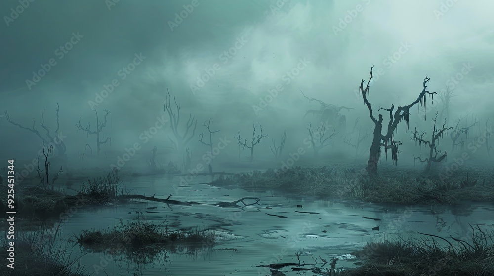 Desolate, foggy marsh with ghostly will-o'-the-wisps floating above the ...