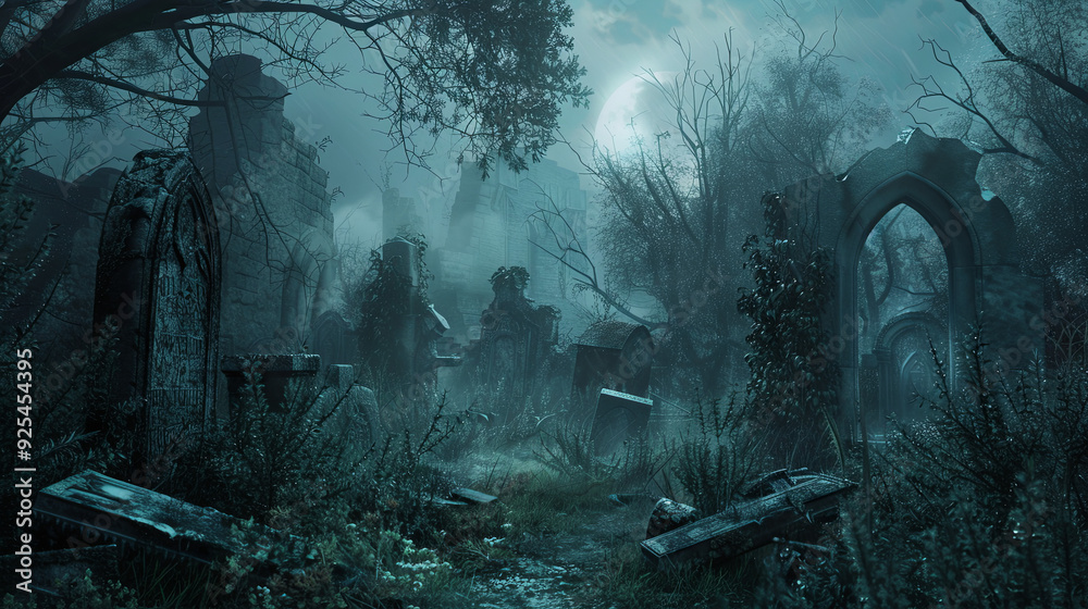 Old, abandoned graveyard with crumbling tombstones, overgrown weeds, moonlight. A foggy, ghostly ...