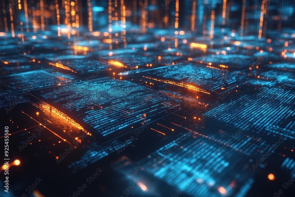 3d rendering of interconnected document versions glowing lines connecting floating paper ...