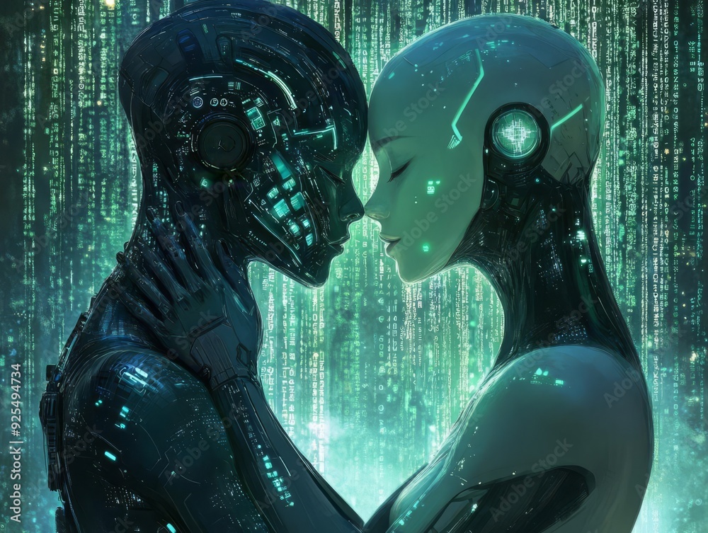 Two AI avatars sharing a tender moment, surrounded by a matrixlike code ...