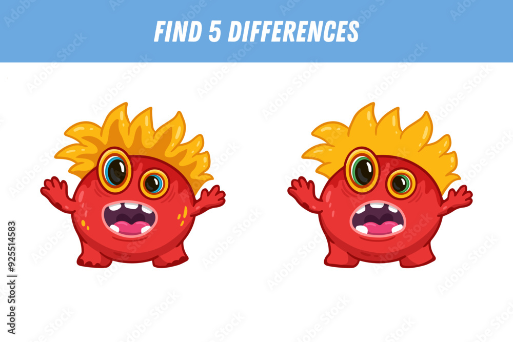 Find 5 differences between two pictures of funny red monster. Cute ...
