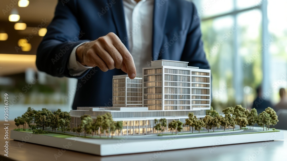 Real estate agent demonstrating a property layout using miniatur design ...