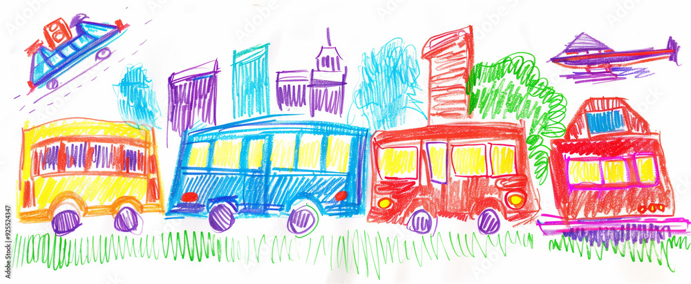 childs crayon drawing of transport, scribble marks and pencil marks ...
