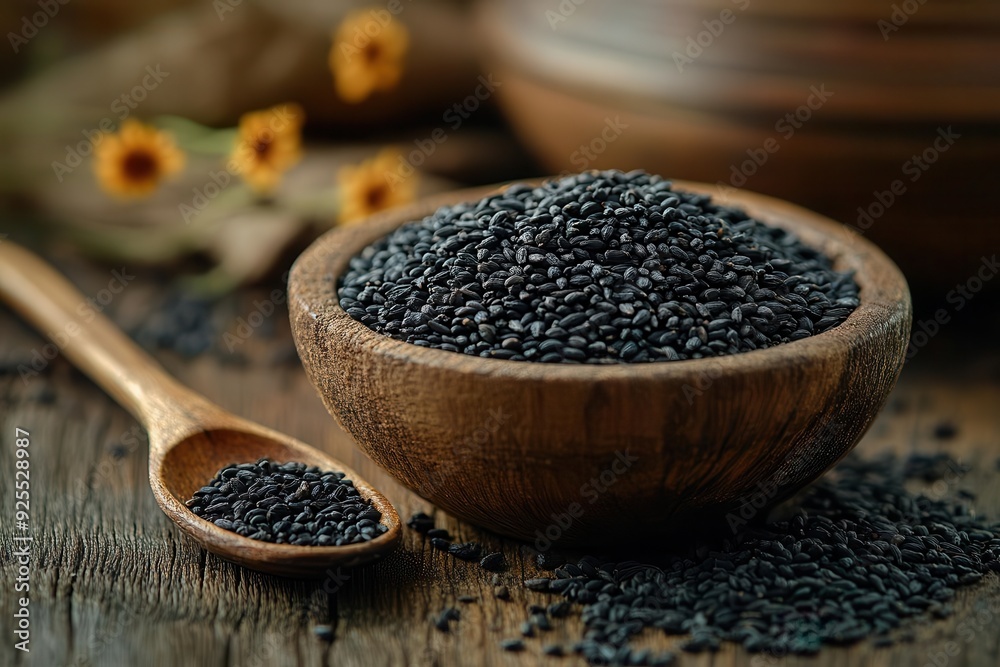 artful arrangement of black cumin seeds on a rustic wooden surface soft ...
