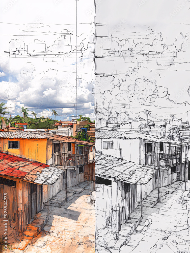 Architectural blueprint transitioning to a modern Mexican village ...
