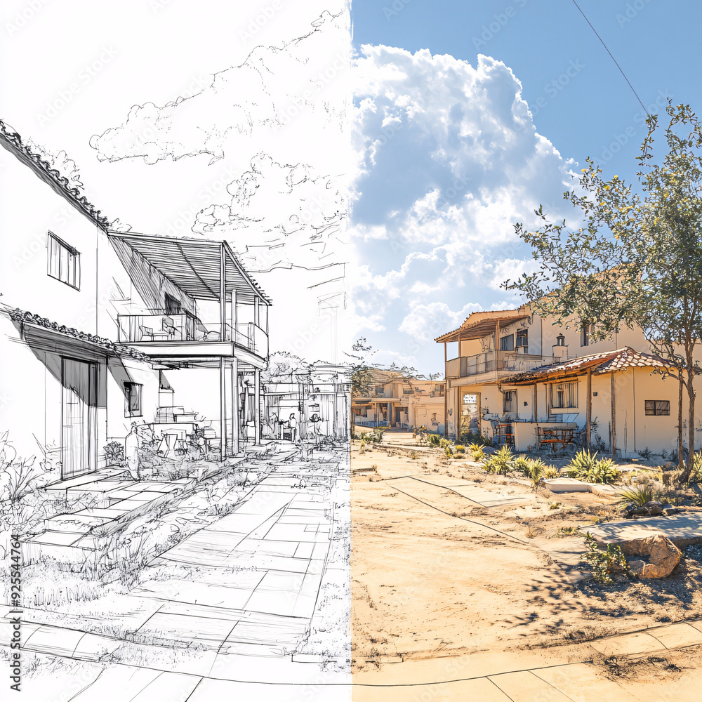 Architectural blueprint transitioning to a modern Mexican village ...