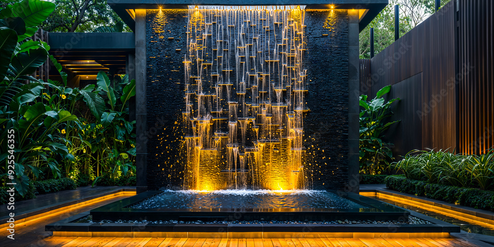 Illuminated outdoor garden, dark black water feature fountain over ...