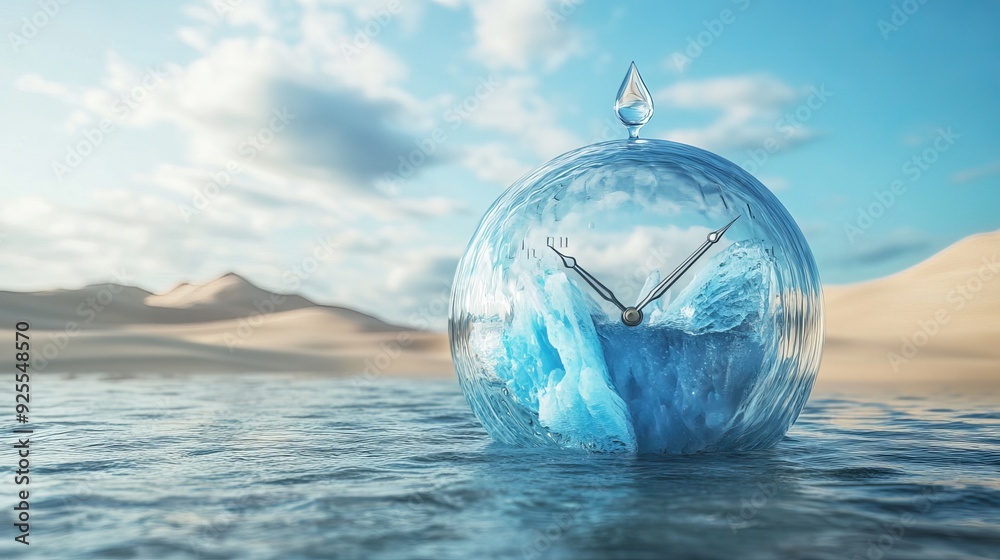 An iceberg glacier melting inside a glass clock, with a drop of water ...