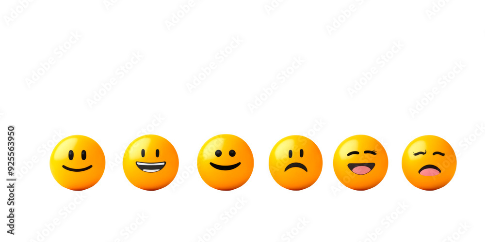 Six yellow emoticon spheres expressing different emotions on a white ...