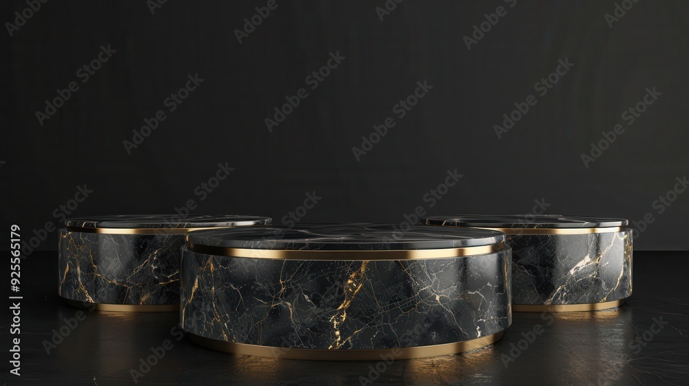 Elegant black and gold round tables with luxurious marble texture on a ...