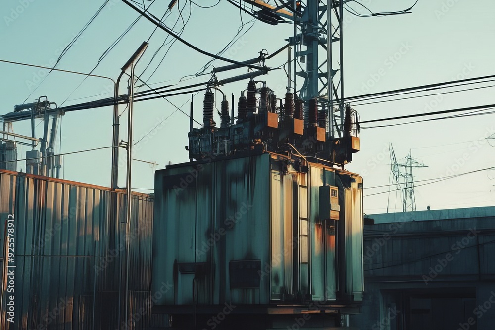 A transformer at an electrical substation. Transmission of electricity ...